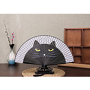Goege Bailey Women Cartoon Cat Folding Silk Fan Jepanese Handheld Fan (Black)