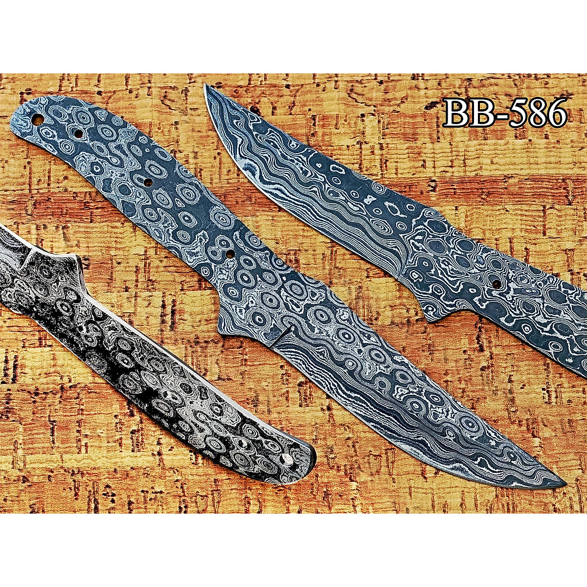 9 inches long Rain drop pattern Damascus steel Trailing point blank blade, knife making supplies, 4.5 inches long straight back scale with 3 pin and a lace holes, 4 inches cutting edge