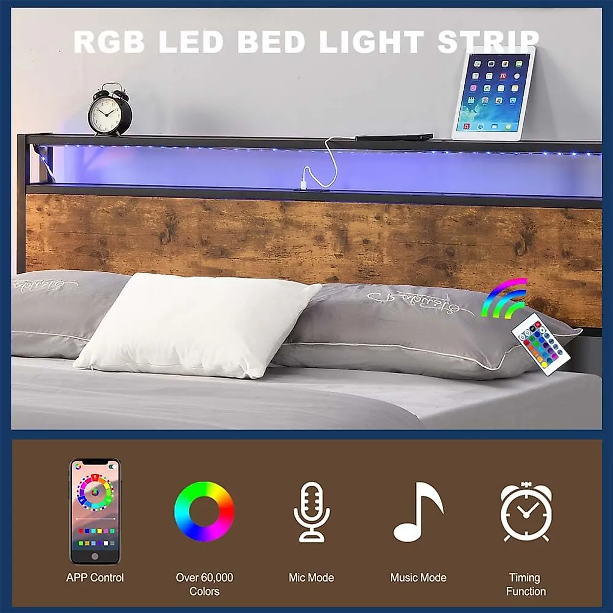 Anwick Industrial Full Bed Frame with LED Light Headboard, Metal Platform Bed with USB Charging Station, Under Bed Storage, No Box Spring Needed (Black, Full)