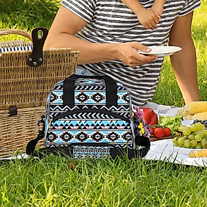 Aztec Geometric Pattern Lunch Bag Adjustable Shoulder Strap Cooler Bag Reusable Zipper Insulated Lunch Tote Bag for Work Picnic Camping School