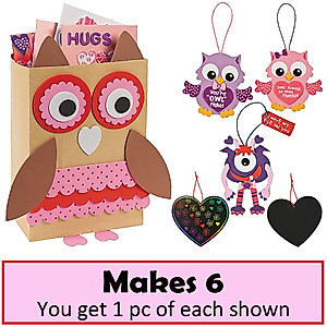 Valentines Craft for Kids (Makes 6) Owl Valentine Card Box Holder, Monster Ornament, Owl Ornament, Heart Magic Scratch - DIY Valentines Day Craft for Kids Mailbox Classroom Exchange by 4E's Novelty