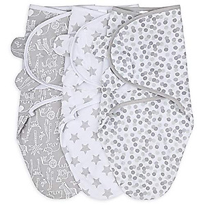 The Peanutshell Baby Swaddle Blankets for Boys or Girls, Grey Safari Animals & Stars, 3 Pack Wrap Set (Small/Medium)