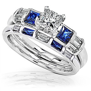 Kobelli Blue Sapphire & Diamond Wedding Rings Set 1 1/4 Carat (ctw) In 14k White Gold, Size 8