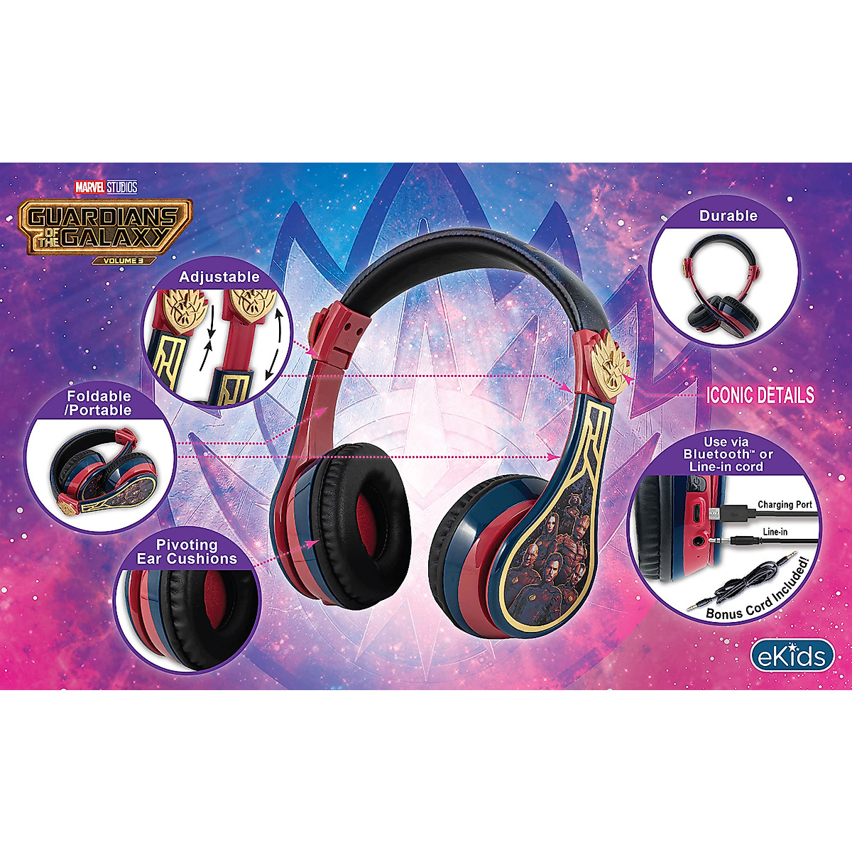 eKids Guardians of The Galaxy Kids Bluetooth Headphones, Wireless Headphones with Microphone Includes Aux Cord, Volume Reduced Kids Foldable Headphones for School, Home, or Travel