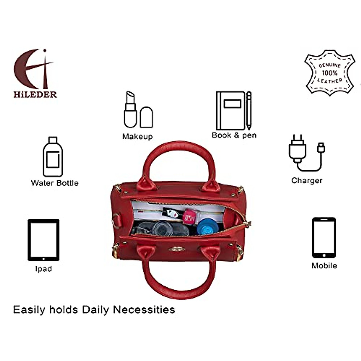 HiLeder Leather Designer Shoulder Tote Purse Satchel Sling Messenger Crossbody Handbag for Women, Medium Size - Red