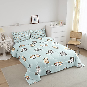 Cartoon Cat Comforter Set for Girls Kids Kawaii Cats Print Comforter Cute Kitten Animal Room Decorative Bedding Set Cat Lover's Gift Green Duvet Set Twin Size 2Pcs Quilt Set