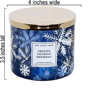 White Barn Bath and Body Works, 3-Wick Candle w-Essential Oils - 14.5 oz - 2020 Holidays Scents (Frosted Coconut Snowball), White Soy Wax, Blue and White Jar Print, Gold Lid, Transparent Glass