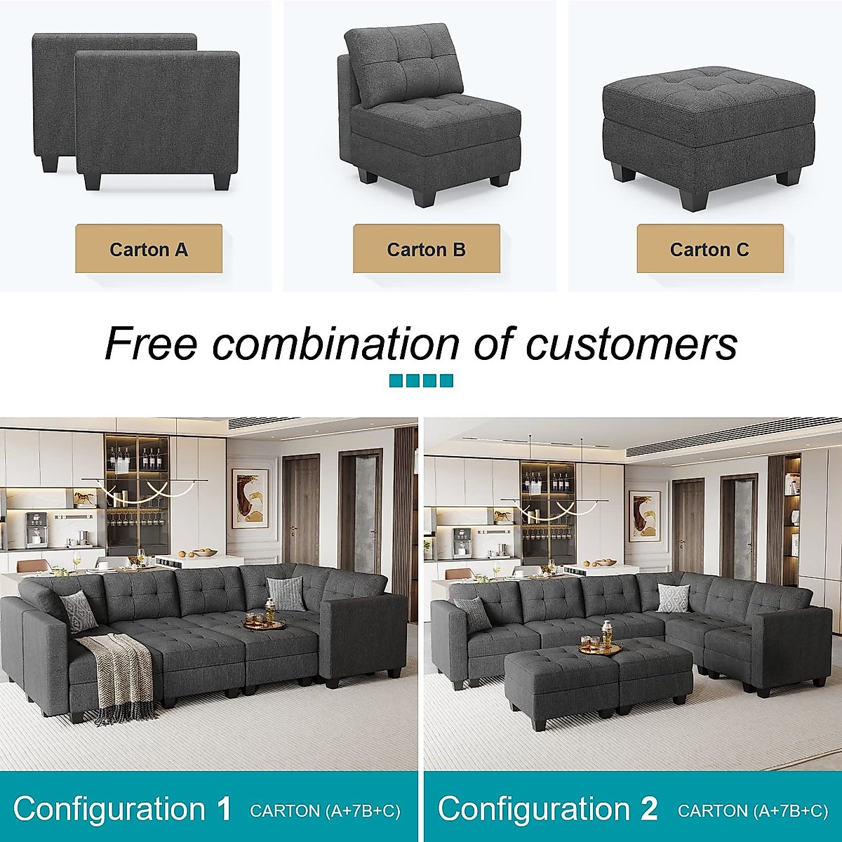 Belffin Modular Sectional Sofa Set with Ottomans Oversized U Shaped Sofa Set with Storage Seat Modular Sofa Couch with Reversible Chaises Modern Fabric Dark Grey