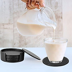 CARLWAY Set of 6 Leather Drink Coasters Round Cup Mat Pad for Home and Kitchen Use Black, 3.94"