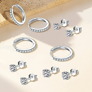 925 Sterling Silver Stud Hoop Earrings Set - Cubic Zirconia Stud Earrings for Women - White Gold Plated Hypoallergenic hoop Earrings（5 pairs）