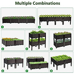 Renatone Set of 4 Raised Garden Beds Outdoor, Planter Box with Self-Watering Design, Drain Holes, Plastic Raised Garden Bed with Legs for Patio Yard Gardening, Grow Vegetables, Flowers, Herbs(Brown)