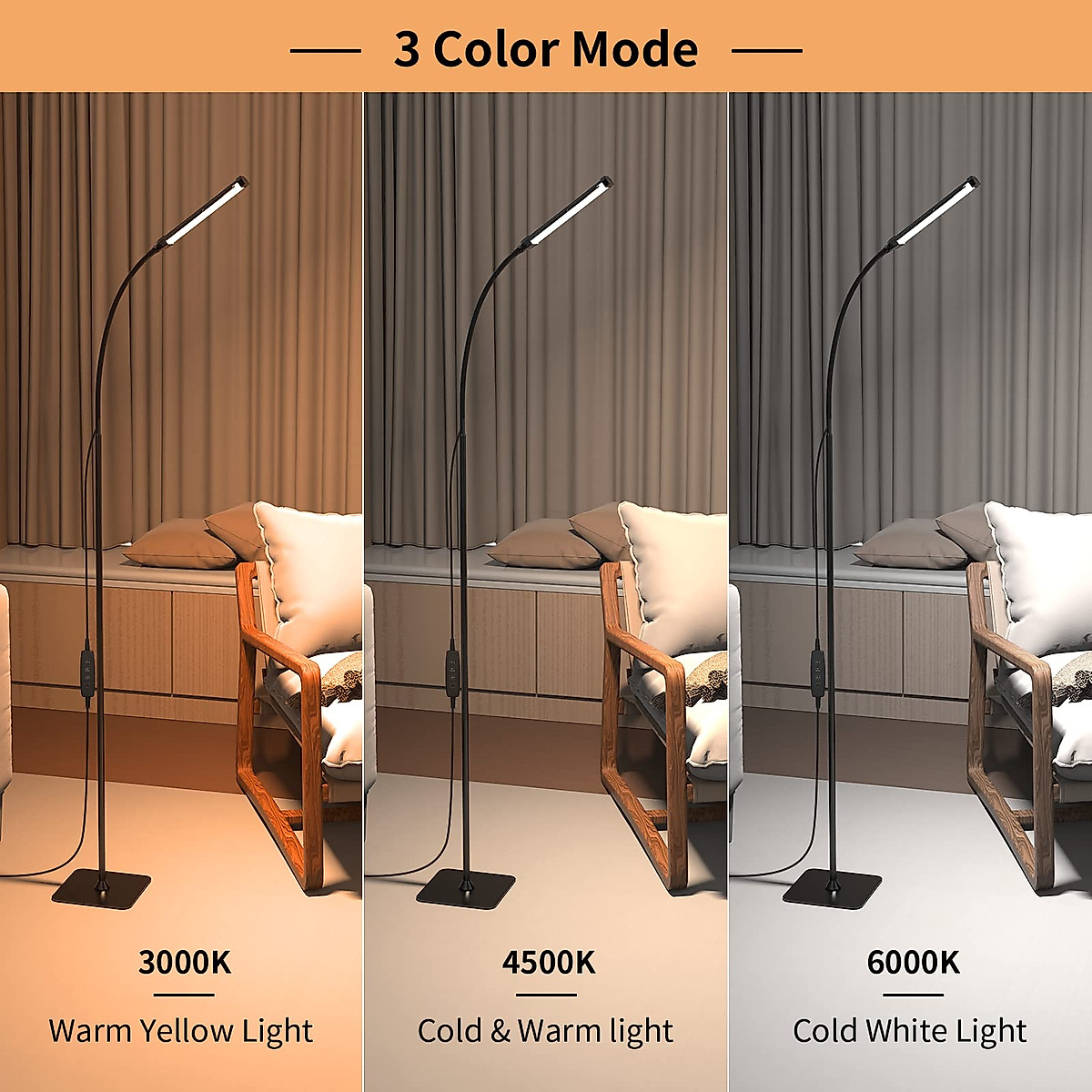 iFalarila Floor Lamp, Reading Lamps Floor Standing [120 LEDs with 3 Color Mode 3000K-6000K & 10 Brightness Setting] Dimmable Desk Light with Flexible Gooseneck for Living Room Bedroom Office