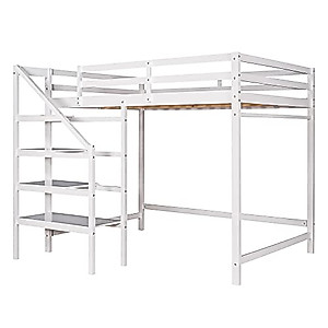 Harper & Bright Designs Full Size Loft Bed with Stairs and Hanging Rod, Wooden Full Loft Bed Frame with Storage Shelf, High Loft Beds for Kids Boys Girls Teens Dorm Bedroom (Full, White)