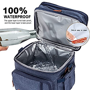 UMUFUKA Men's Double Compartment Lunch Bag, Insulated Lunch Cooler Tote 2 Roomy Large Reusable Water-resistant Lunch Box (Blue)