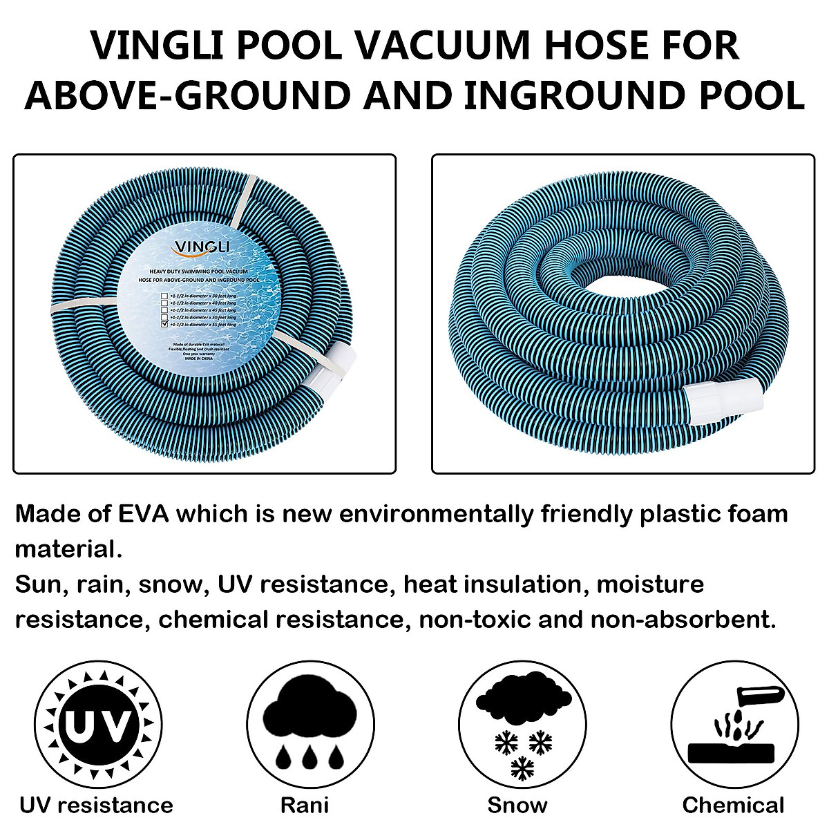 VINGLI 1-1/2-Inch by 55-Feet Pool Hose Commercial In-Ground and Above-Ground Pool Swimming Pool Vacuum Hose, Blue