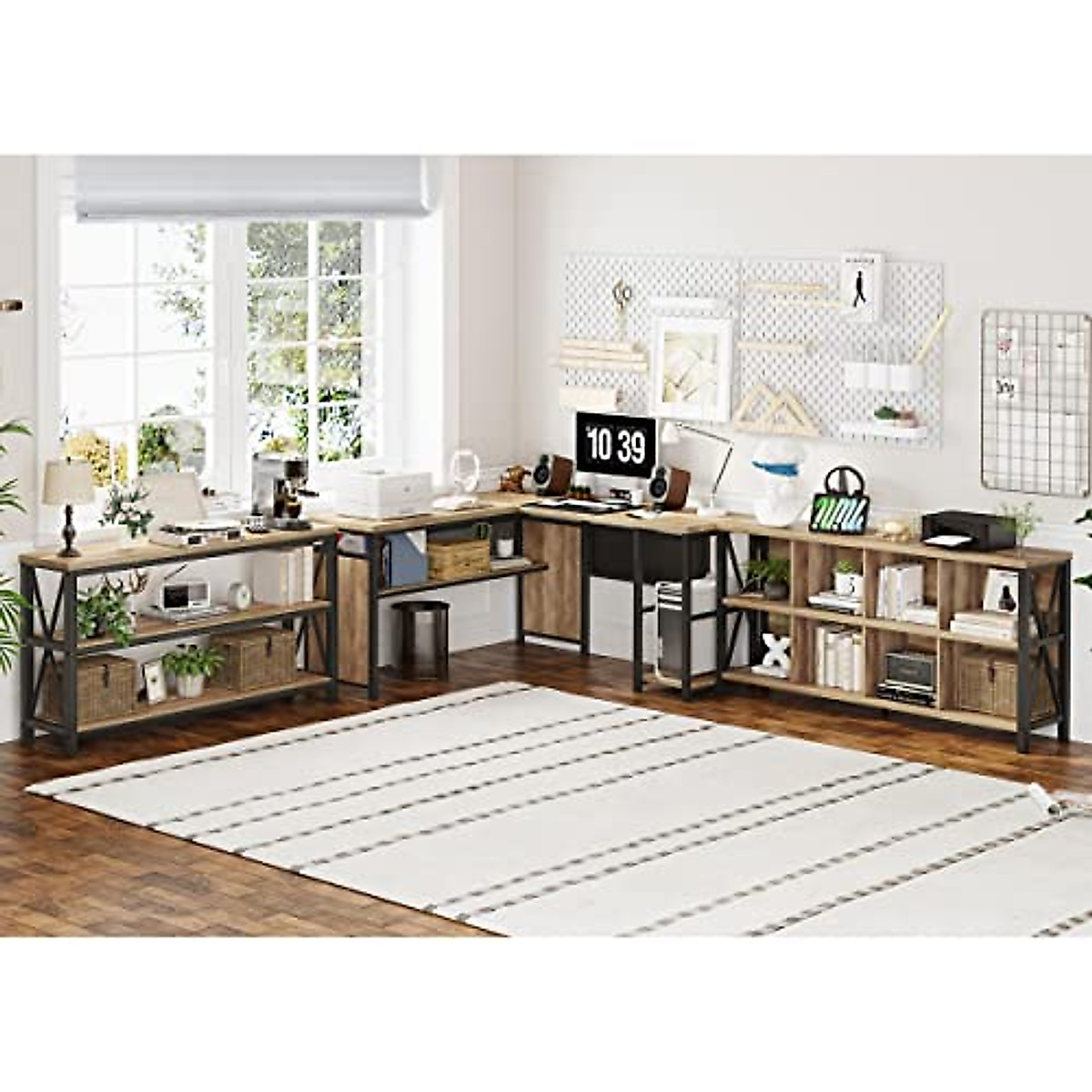 FATORRI 8 Cube Storage Organizer Bookshelf, Rustic Wood Cubby Bookcase, Industrial Horizontal Long Shelf for Living Room (Rustic Oak, 62 Inch)