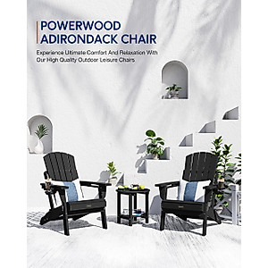 POWERWOOD Folding Adirondack Chair Wood Texture, HDPE Higher Back Plastic Adirondack Chairs with Cup Holder, Weather Resistant Composite Chair for Outdoor, Patio, Lawn, Garden, Fire Pit Chairs (Black)