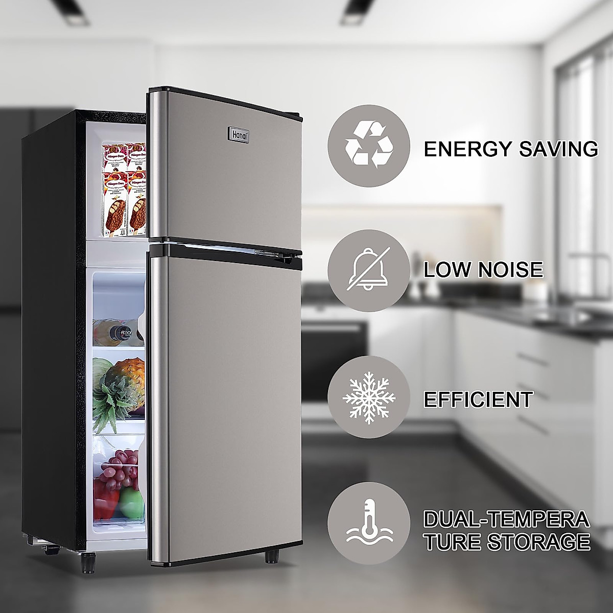 WANAI 3.5 Cu.Ft Mini Fridge with Freezer Dual Door Fridge with 7 Level Adjustable Adjustable Thermostat for Dorm, Office, Kitchen, Silver