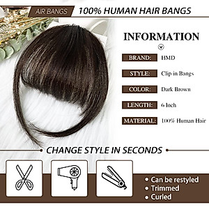 HMD Bangs Hair Clip in Bangs Real Human Hair Wispy Bangs Fringe with Temples Hairpieces for Women Clip on Air Bangs Flat Neat Bangs Hair Extension for Daily Wear (Wispy Bangs, Dark Brown)
