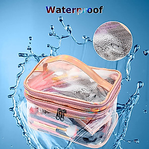 Clear Makeup Bag Toiletry Organizer Waterproof Large Makeup Bag Transparent Makeup Case Double Layer Cosmetic Bag Multi Function Travel Makeup Bag for Toiletries Makeup Travel Portable, Pink