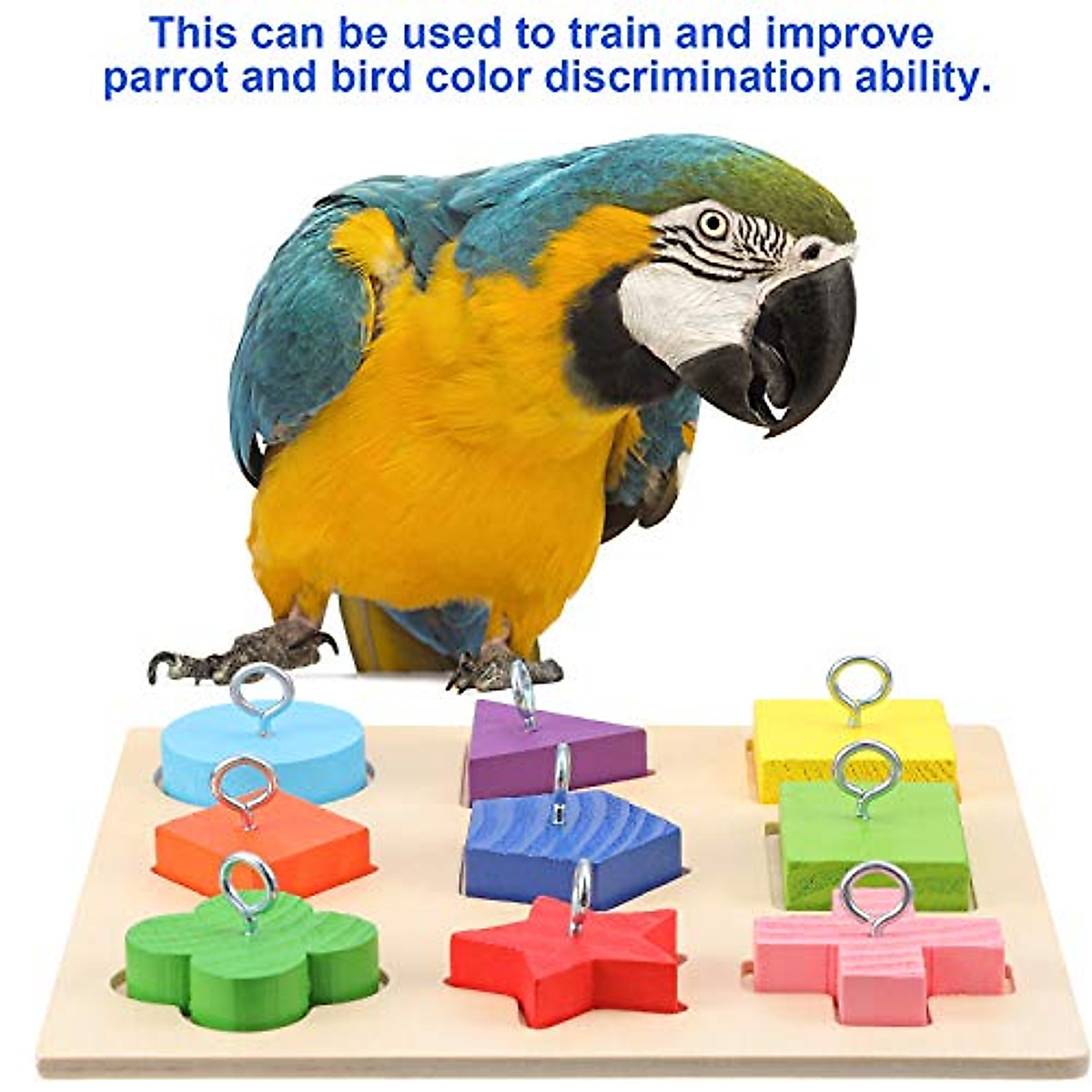 Frienda 4 Pieces Bird Training Toy Set Include Wooden Bird Block Puzzle Toy Parrot Training Basketball Colorful Stacking Rings Toy Birds Swing Perch for Parrots