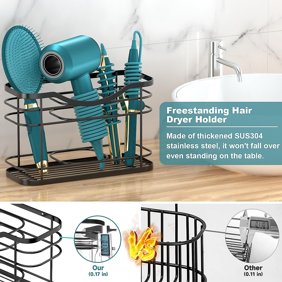 XILIMEN Hair Dryer Holder 3 in 1 Hair Tool Organizer Wall Mounted/Cabinet Door Bathroom Storage Under Sink Stainless Steel Countertop Hot Tools Basket for Blow Dryer, Curling Iron, Straightener