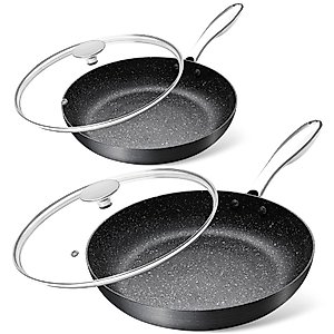 MICHELANGELO Hard Anodized Frying Pans Nonstick with Lid, 9.5" & 11" Nonstick Frying Pan Set with Lids, Frying Pans for Cooking, Nonstick Skillet Sets with Granite-derived Interior, 2 Pan Set