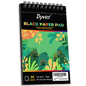 Dyvicl Black Paper Sketchbook 5.5"x8.5", 90 lb/150 GSM, 35 Sheets, Spiral Black Sketch Pad Drawing Paper for Pencil, Pastel, White Ink Gel Pen, Charcoal, Chalk, Metallic Marker, Paint Pen
