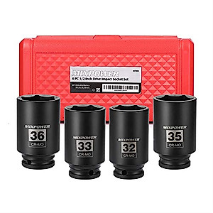 MIXPOWER 4-Piece 1/2'' Drive Deep Impact Socket Set, 6 Point, CR-MO,Metric,32,33,35,36mm, Spindle Axle Nut Impact Socket Set