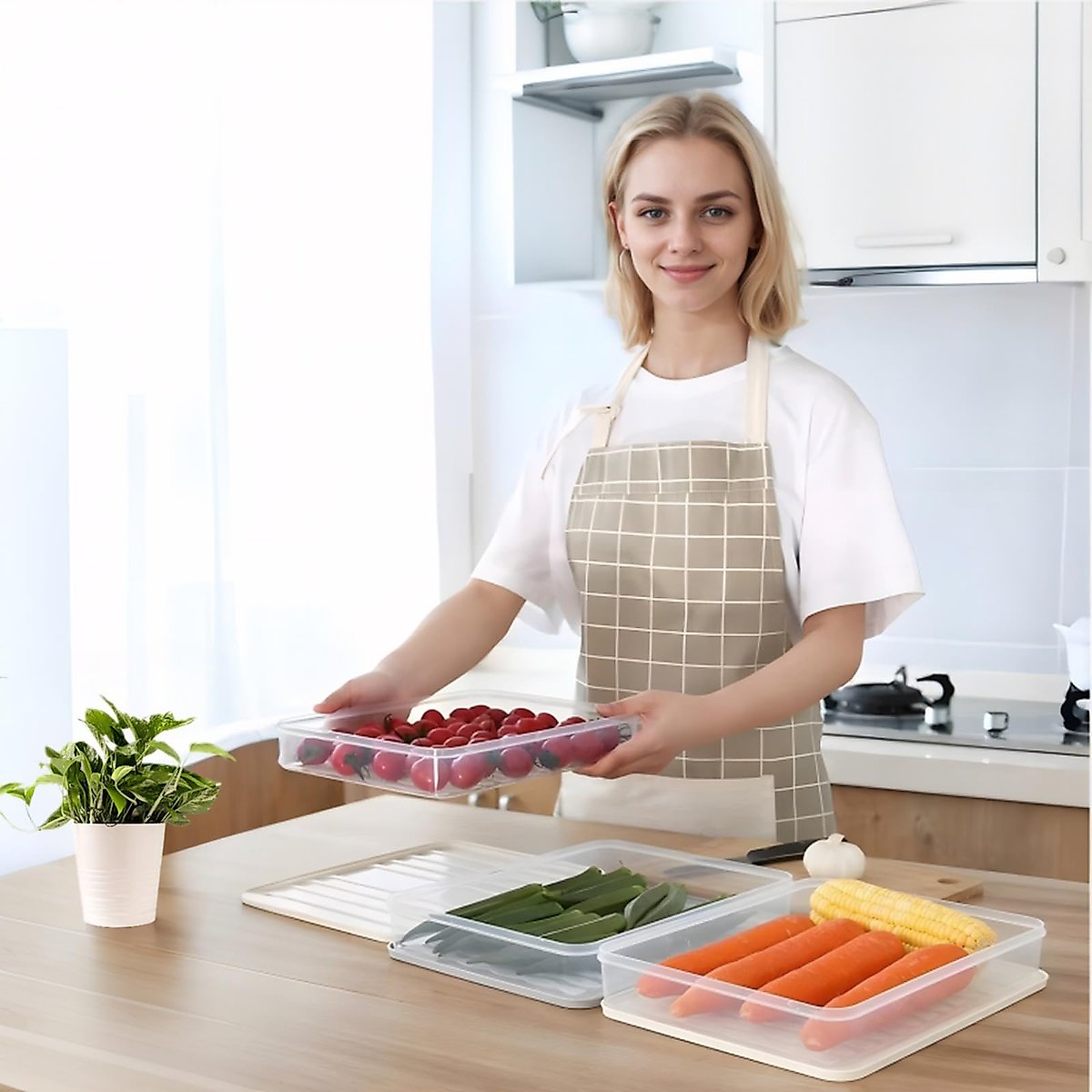 Food Storage Containers, Rectangle Food Storage Containers with Lids for Bacon, Deli meat, Lunchmeat, Vegetable, Noodles, Dumplings, and More, Crisper Bins for Refrigerator with Stackable and Visible