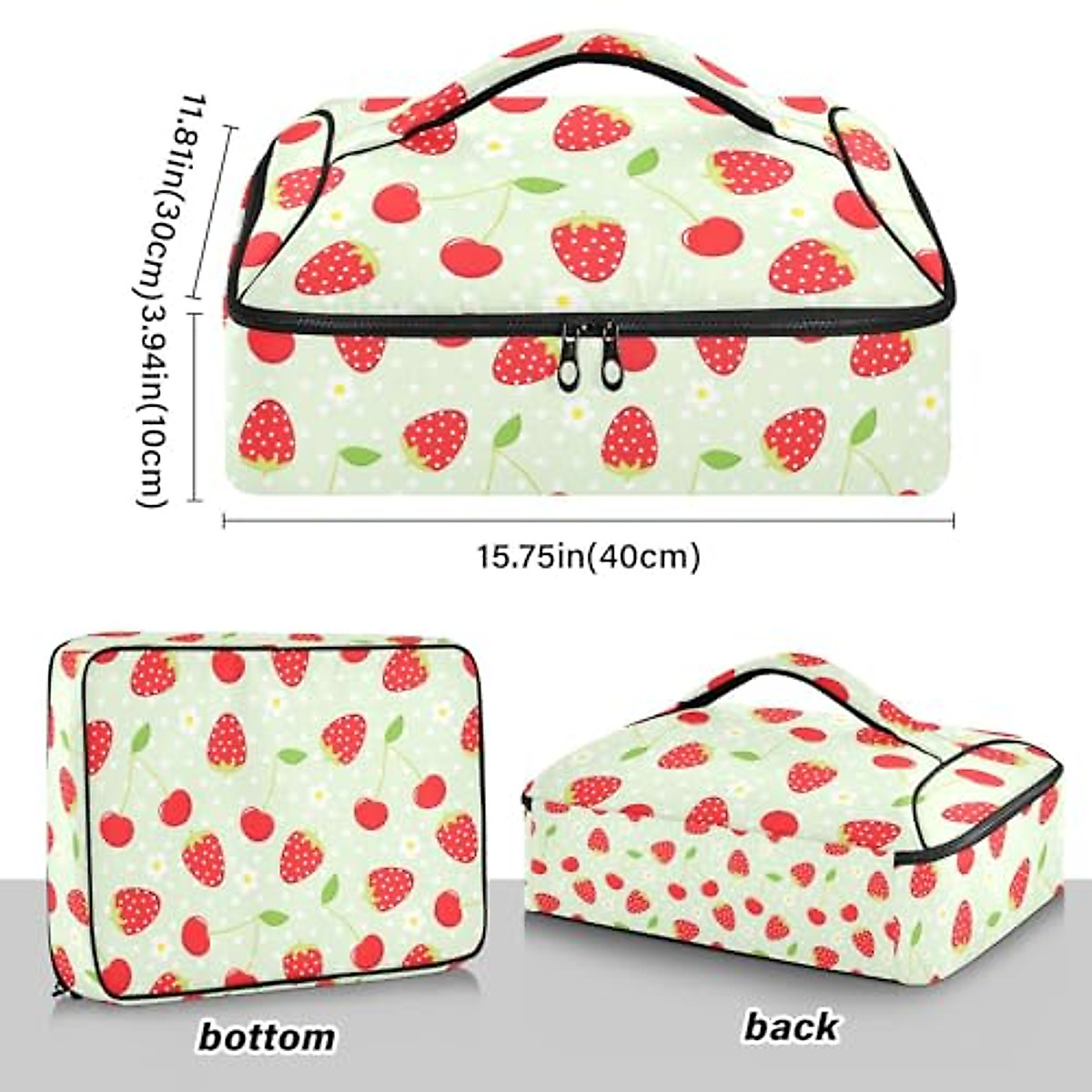 Kcldeci Insulated Thermal Food Carrier Insulated Casserole Carrier for Hot or Cold Food,Strawberry and Cherry Insulated Tote Bag for Potluck Cookouts Parties Picnic,Lasagna Lugger