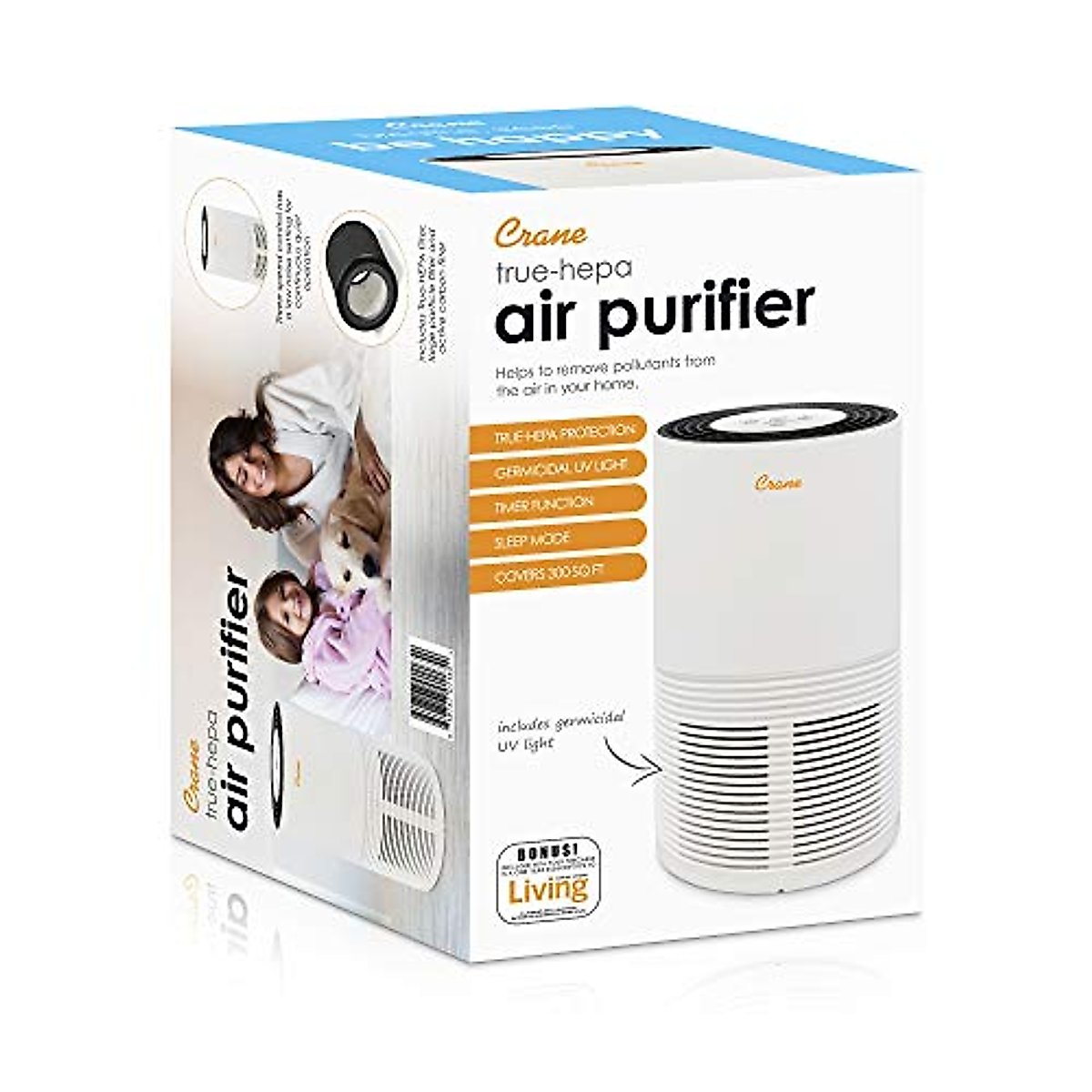 Crane Air Purifier with True HEPA Filter, Germicidal UV Light, 300 Sq Feet Coverage, Timer Function, Sleep Mode, Washable Particle Filter, EE-5068