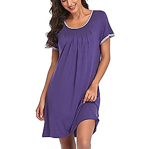 COLORFULLEAF Women's Nightgown Short Sleeve Nightshirt Sleep Shirt Comfy Sleepwear Pleated Scoopneck Sleepshirt (Dark-purple, S)