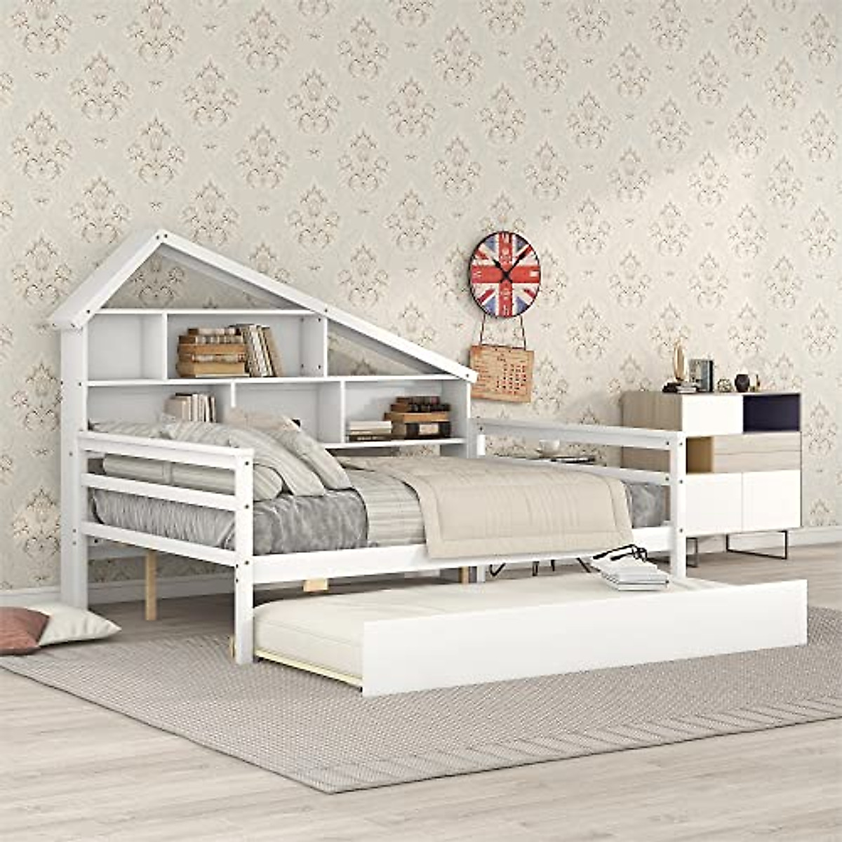 Woanke Full Size Daybed with Trundle and Shelves, Solid Wood Platform Bed Frame, House Bed for Kids Teens Girls Boys, No Box Spring Needed, White