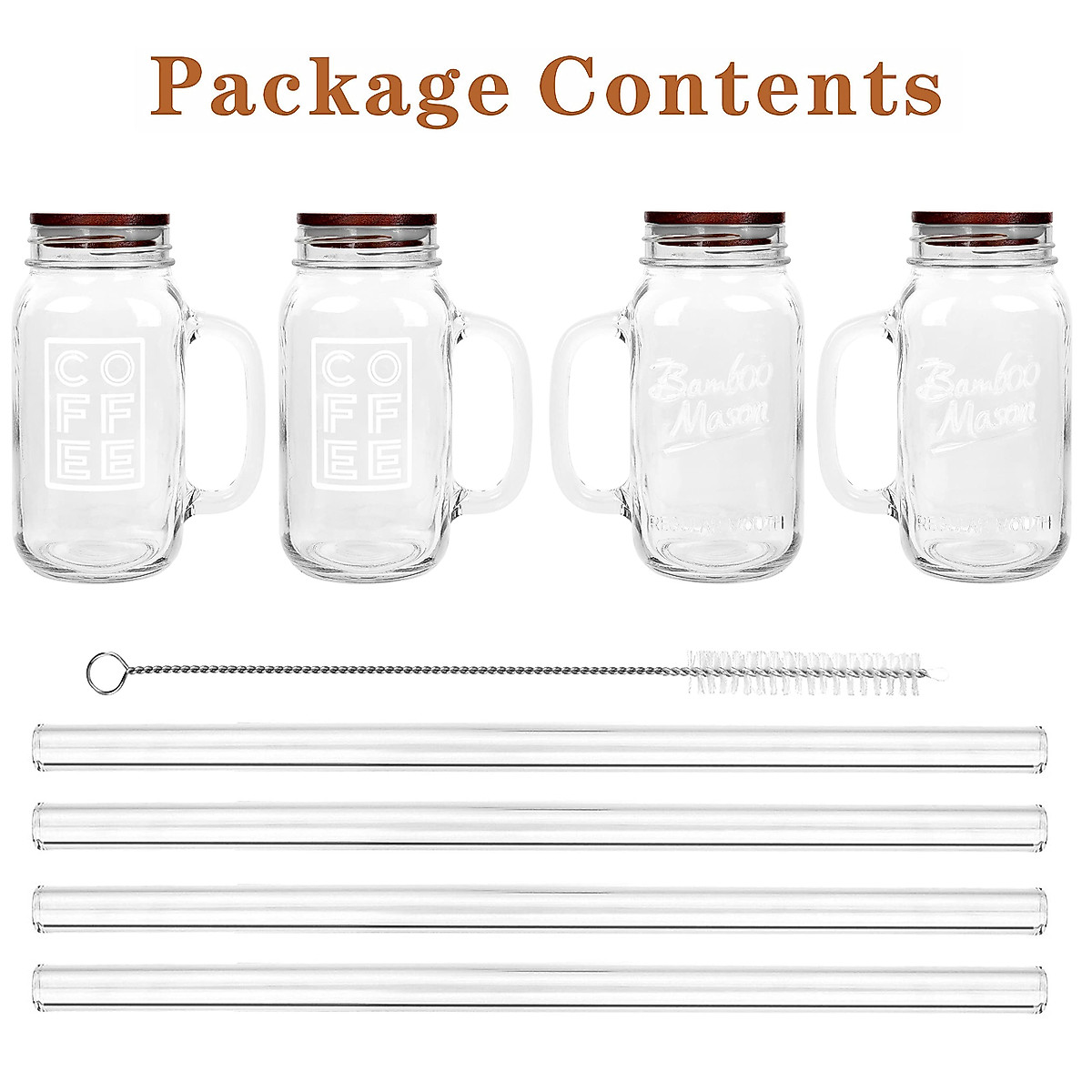 ANOTION Mason Jar Iced Coffee Cup with Handle, 24oz Regular Mouth Mason Jars with Lid and Straw Glass Coffee Drinking Glasses Tumbler Reusable Cups Bottles for Travel Office Home