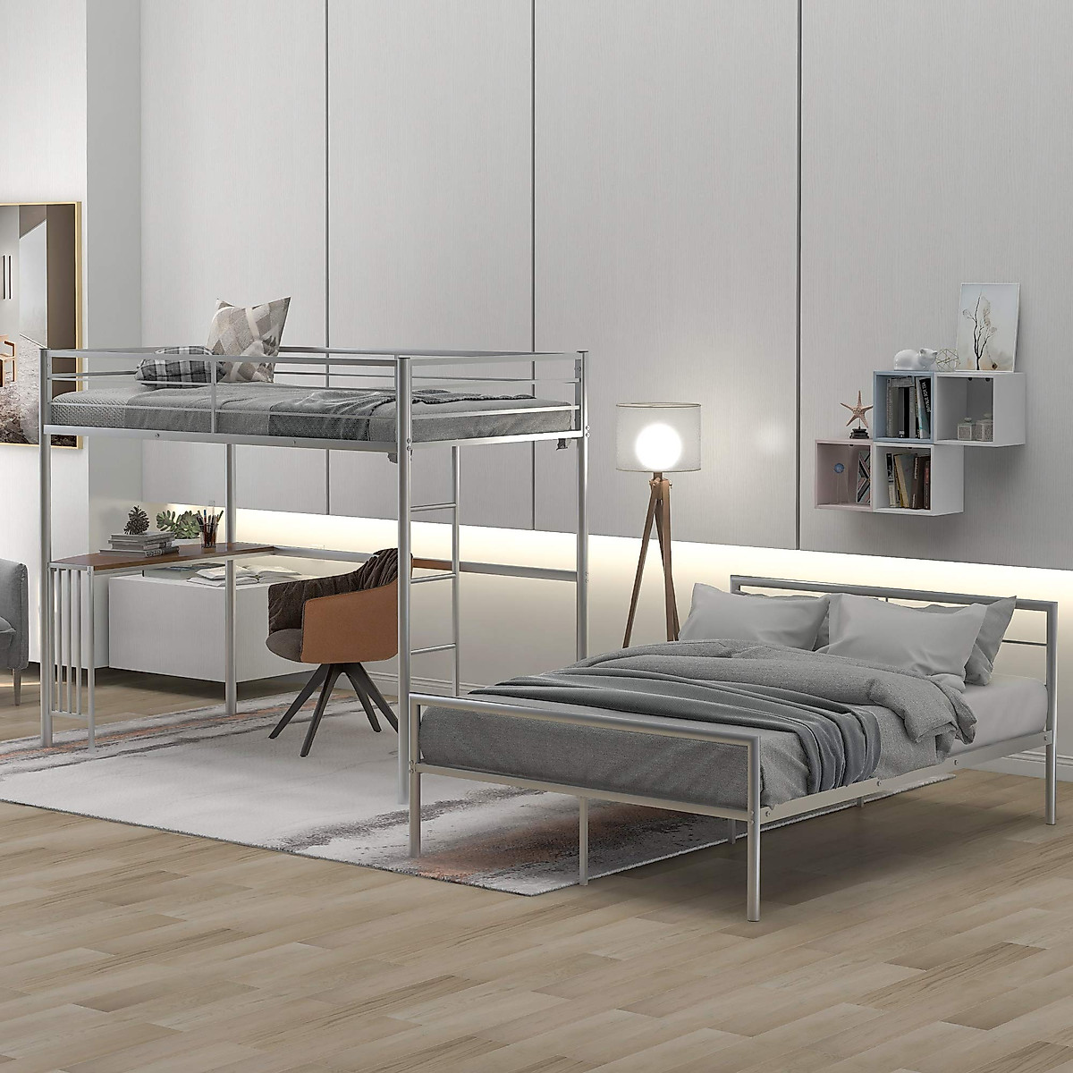 Harper & Bright Designs Twin Over Full Metal Bunk Bed with Desk, L Shaped Bunk Bed with Ladder and Quality Slats for Bedroom- Silver