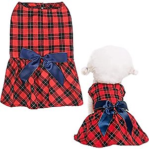 Elegant Bowtie Plaid Dog Dress Cute Checked Puppy Skirt Pet Outfit Clothes for Small Medium Cats Dogs(Red S)