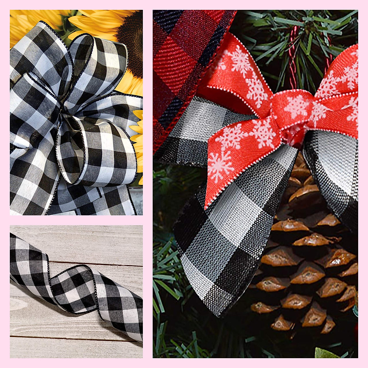 Value Ribbon Cambridge 1.5" X 10 YD Wired Buffalo Gingham Ribbon for Gift Wrapping, Black and White Plaid Ribbons for Crafts, Party Decorations and Birthday Gifts for Women