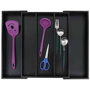 Utoplike Bamboo Drawer Organizer Kitchen Utensils, Adjustable Black Silverware Holder and Cutlery Tray Organiser, Expandable Drawer Divider for Flatware, Knives in Kitchen, Bedroom, Living Room