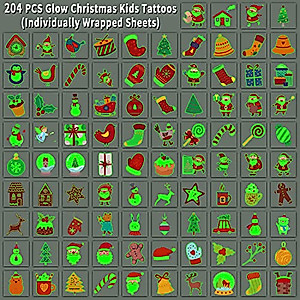 Partywind 204 PCS Individually Wrapped Glow Christmas Tattoos for Kids Stocking Stuffers, Christmas Party Decorations Favors Gifts, Xmas Holiday Goodie Bag Fillers Games Toys