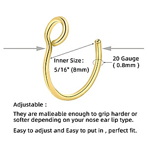Fake Nose Ring Hoop Clip On, Non Piercing Lip Rings 20G 8mm,Gold Black Rose Gold, Stainless Steel No Pierced for Women Men