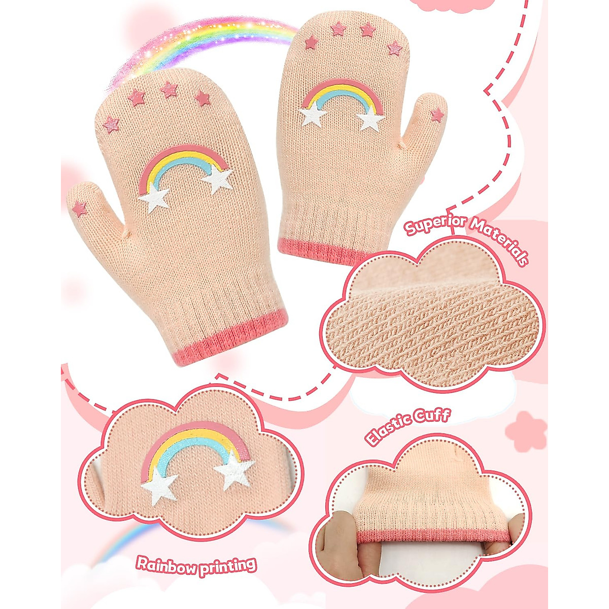 Evridwear Toddler Mittens Girl Boy Mittens 3 Pairs Knitted Stretch Gloves for Kids Toddler Winter Warm