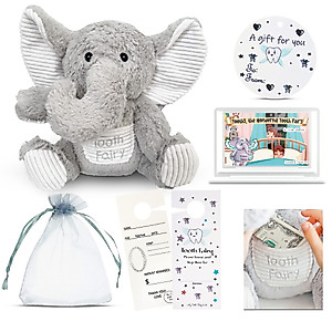 YOLLIT Little Robbie Co. Elephant Tooth Fairy | Girls | 10" Tooth Fairy for Boy | Tooth Fairy Kit w/Door Hanger & E-Book | Tooth Fairy Gifts | Tooth Holder Pouch for Tooth Fairy for Boys