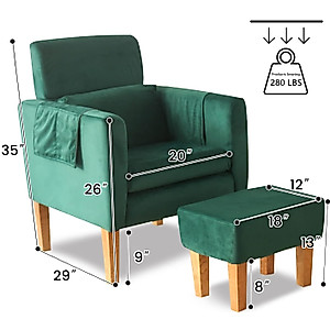 TAKUKA Modern Accent Velvet green Chair Upholstered Armchair with Ottoman Fabric Armchair and Footrest Set Comfy Reading Single Sofa for Living Room Bedroom (Velvet green)