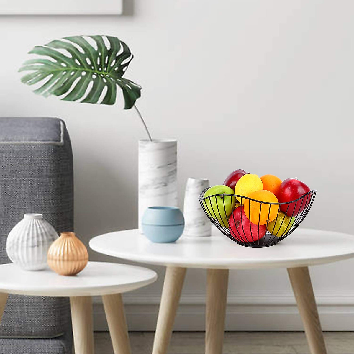 Fruit Bowl for Kitchen Counter, Modern Metal Wire Vegetable Basket for Bread and Snacks, Decorative Fruits and Veggie Storage Holder for Countertop, Table, Centerpiece (Black)