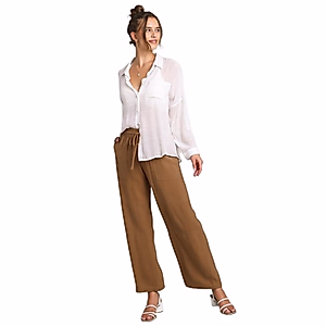 Umgee USA Linen Blend Elastic Waistband Pants with Drawstring & Pocket Details Camel