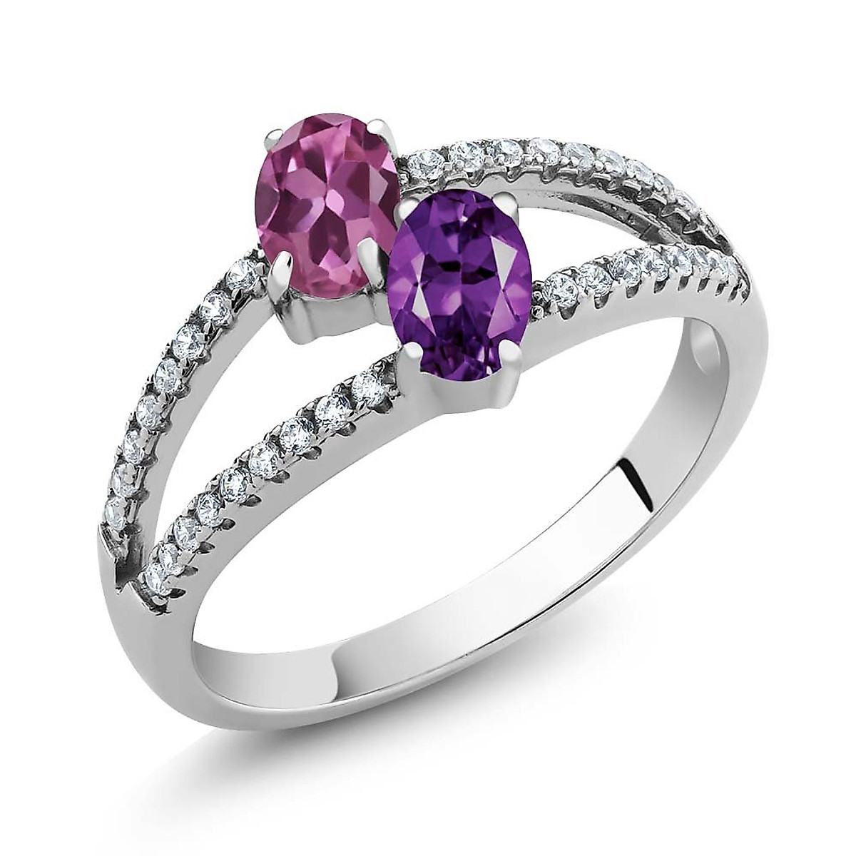 Gem Stone King 925 Sterling Silver Pink Tourmaline and Purple Amethyst 2 Stone Women Ring (1.26 Cttw, Gemstone Birthstone, Available In Size 5, 6, 7, 8, 9)