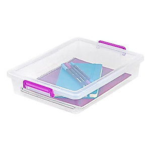 IRIS USA 6 Quart Large Clear Plastic Storage Bins with Lids and Secure Latches, 6 Pack, Organizing Container for Home, Work, Classroom, Paper and Craft, Stackable, Clear/Violet