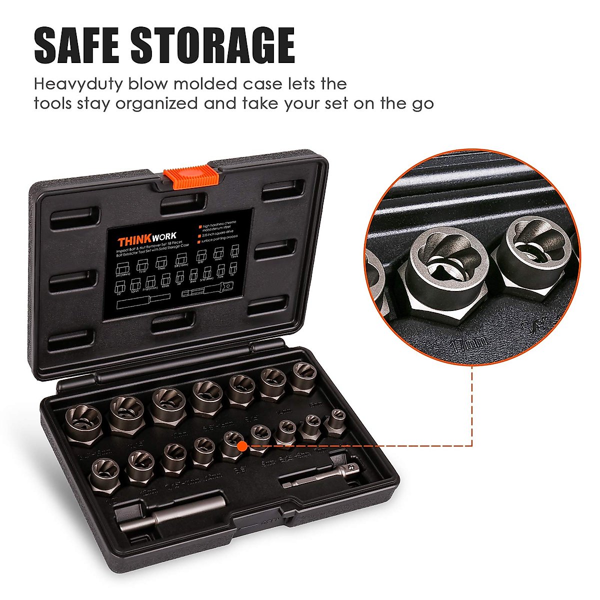 THINKWORK Bolt Extractor Set, 18 Pieces Impact Bolt & Nut Remover Set, Stripped Lug Nut Remover, Extraction Socket Set for Removing Damaged, Frozen, Rusted, Rounded-Off Bolts, Nuts & Screws