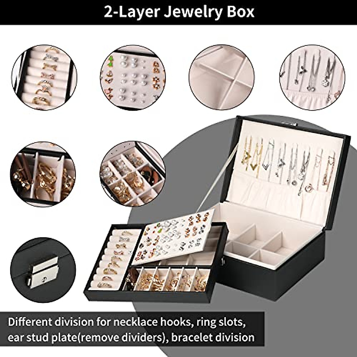 onlyamazing Black Jewelry Box Desk Organizer Set of 2, Portable Jewelry Cases for Home, Travel